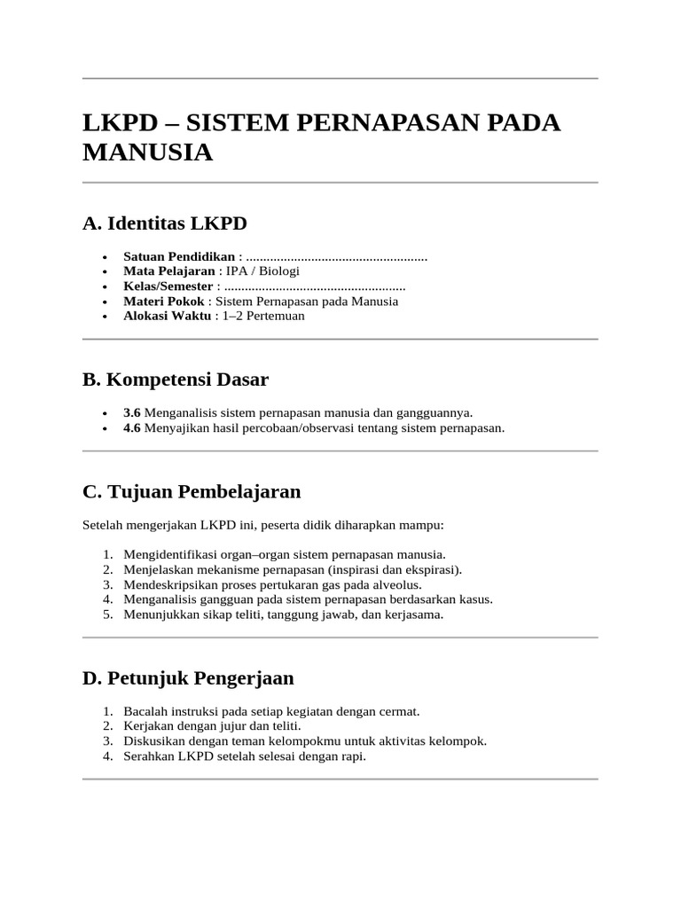 LKPD Sistem Pernapasan Manusia | PDF