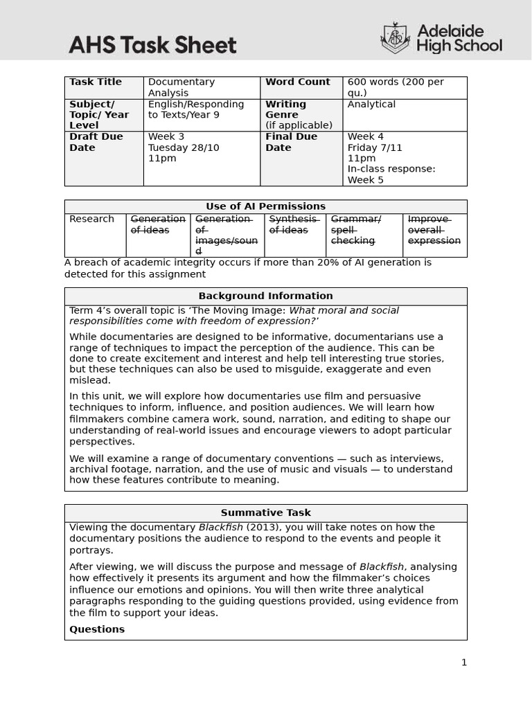 9ENG Unit 7 Documentary Analysis Task Sheet 2025 | PDF | Reading ...