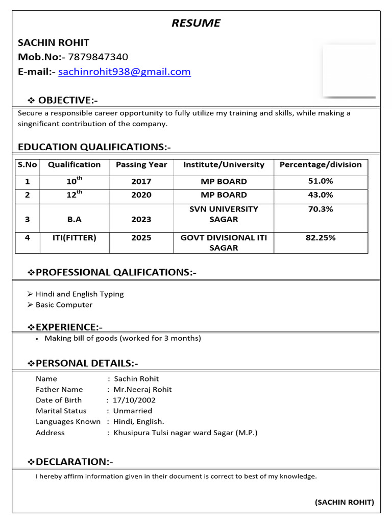 Resume: Sachin Rohit Mob - No:-E-mail: - Objective | PDF