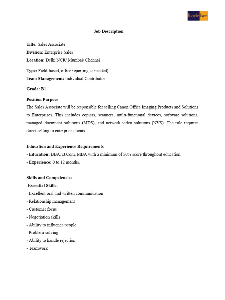Canon India JD - Sales Associate | PDF | Sales | Economies