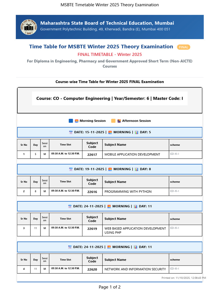 Course Timetable - CO Computer Engineering 6 | PDF | Computing | Vocational Education