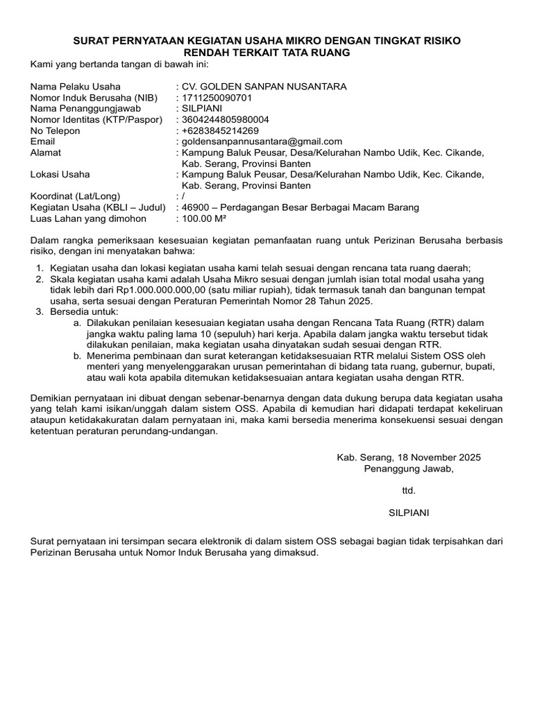 Pernyataan Tata Ruang CV Golden Sanpan Nusantara | PDF