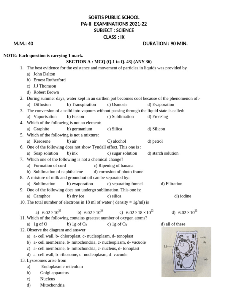 9th PA II Science Question Paper | PDF | Tissue (Biology) | Cell (Biology)