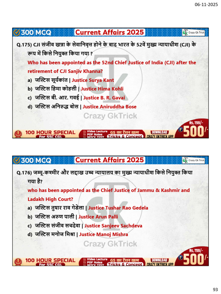Current Affairs 2025 - Last 10 Month Marathon - 300+ Imp MCQS - Removed ...