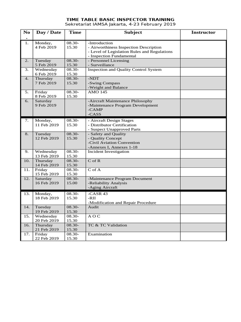 Basic Inspector Training Schedule | PDF
