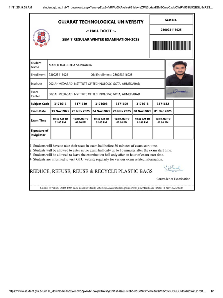 Hall Ticket 7th Sem Jayesh | PDF