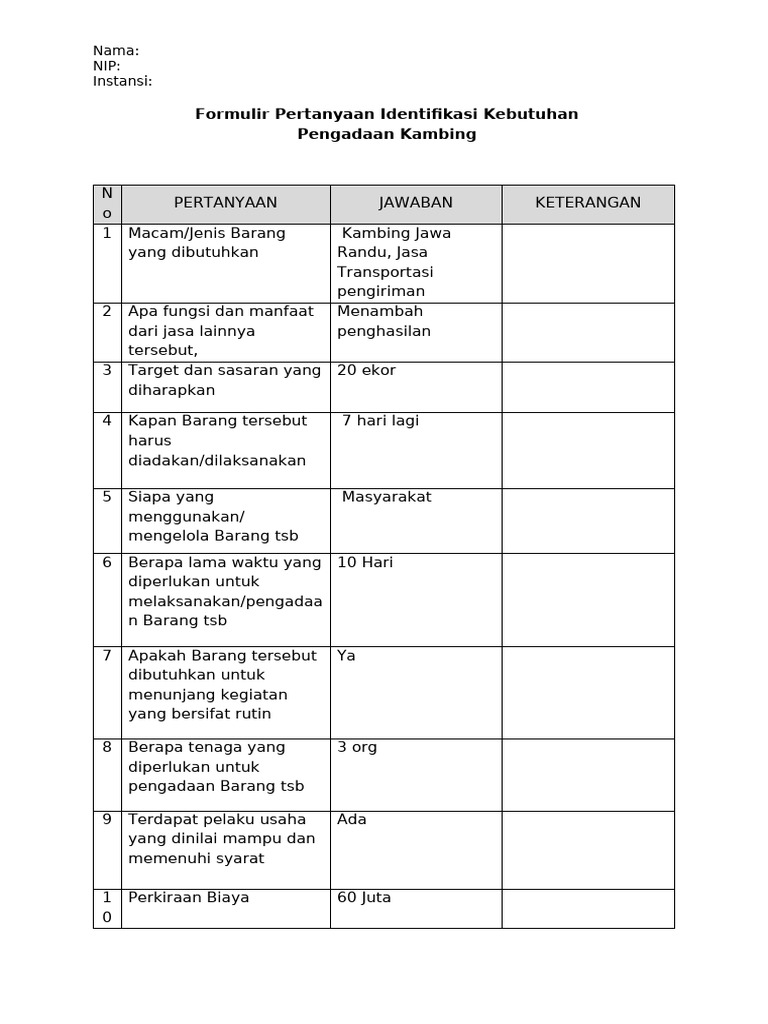 Lampiran 1 - Form Identifikasi Kebutuhan Pengadaan Kambing | PDF