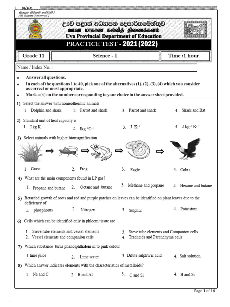 Grade 11 Science Practice Test Questions | PDF | Heat Transfer | Force
