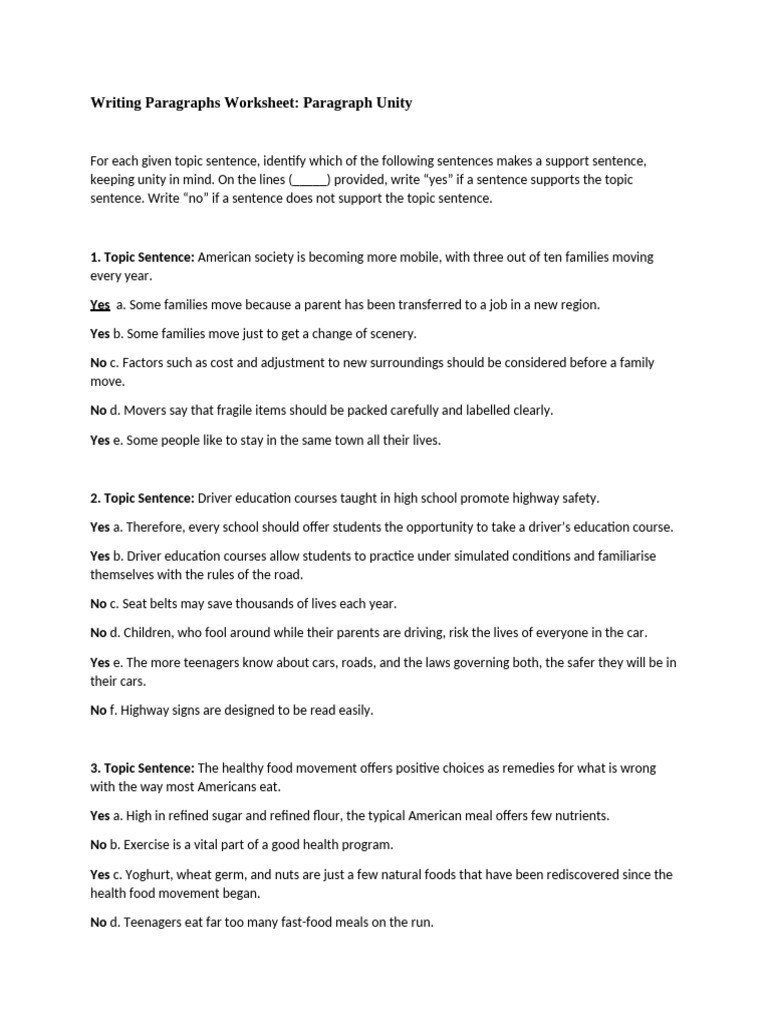 Paragraph Unity Worksheet | PDF