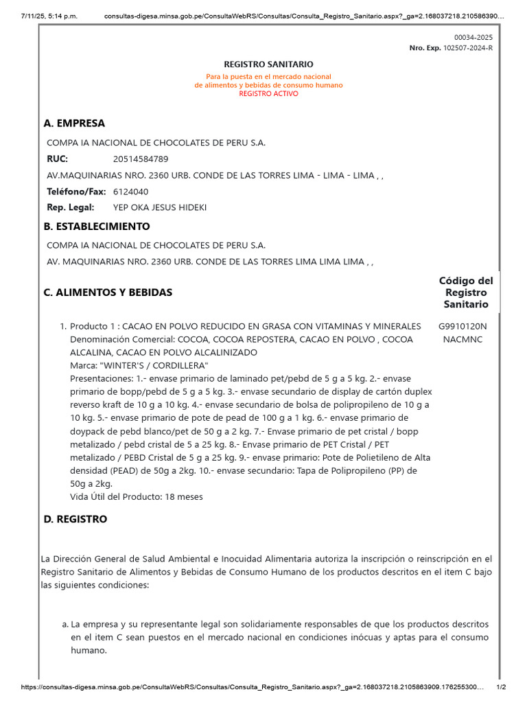 Registro Sanitario Cocoa | PDF | Seguridad alimenticia | Chocolate