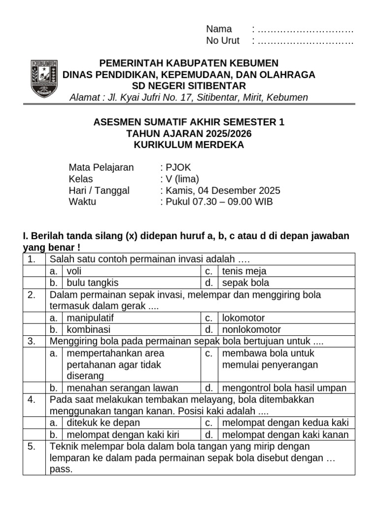 2 Soal Asas Kurmer Kelas 5 Mapel Pjok | PDF