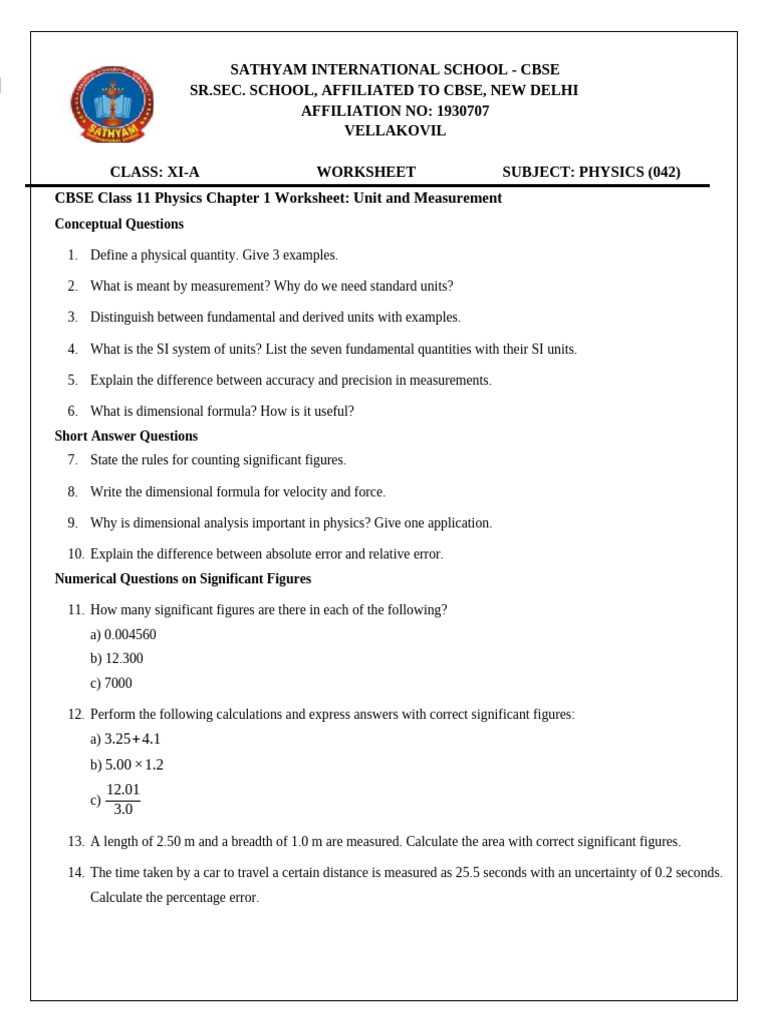 Cbse 11 Physics Chapter 1 Unit and Measurement Wor | PDF | Velocity ...