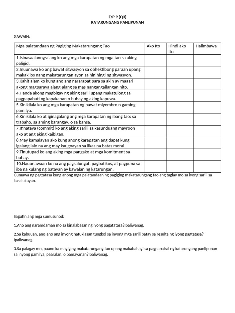 EsP 9 Q3 Worksheet | PDF