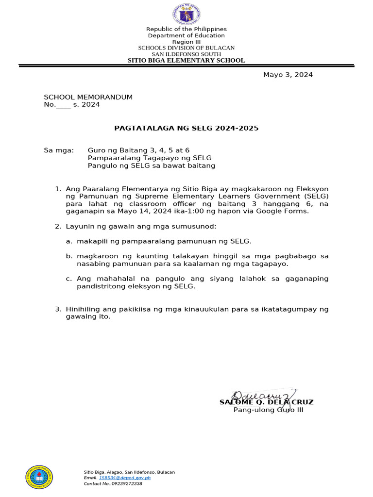 SELG Election Memorandum 2024-2025 | PDF