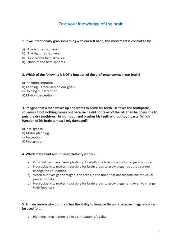 Neuroscience Quiz | PDF | Brain | Neuroplasticity