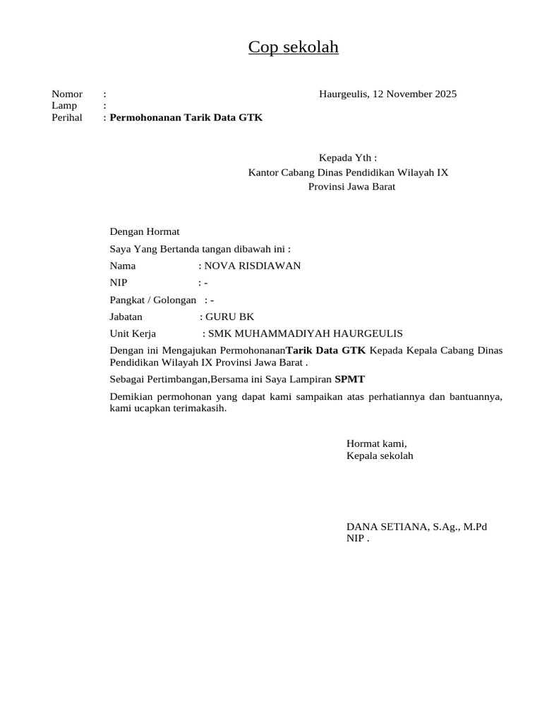 Surat Permohonan GTK | PDF