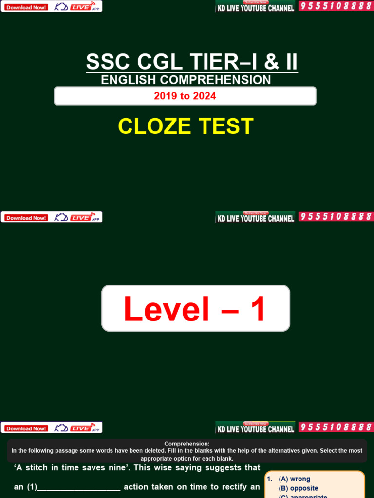 LEVEL-1, CLOZE TEST WISE CGL (TIER-I&II), 2025 5 Cloze Test (1) (1 ...