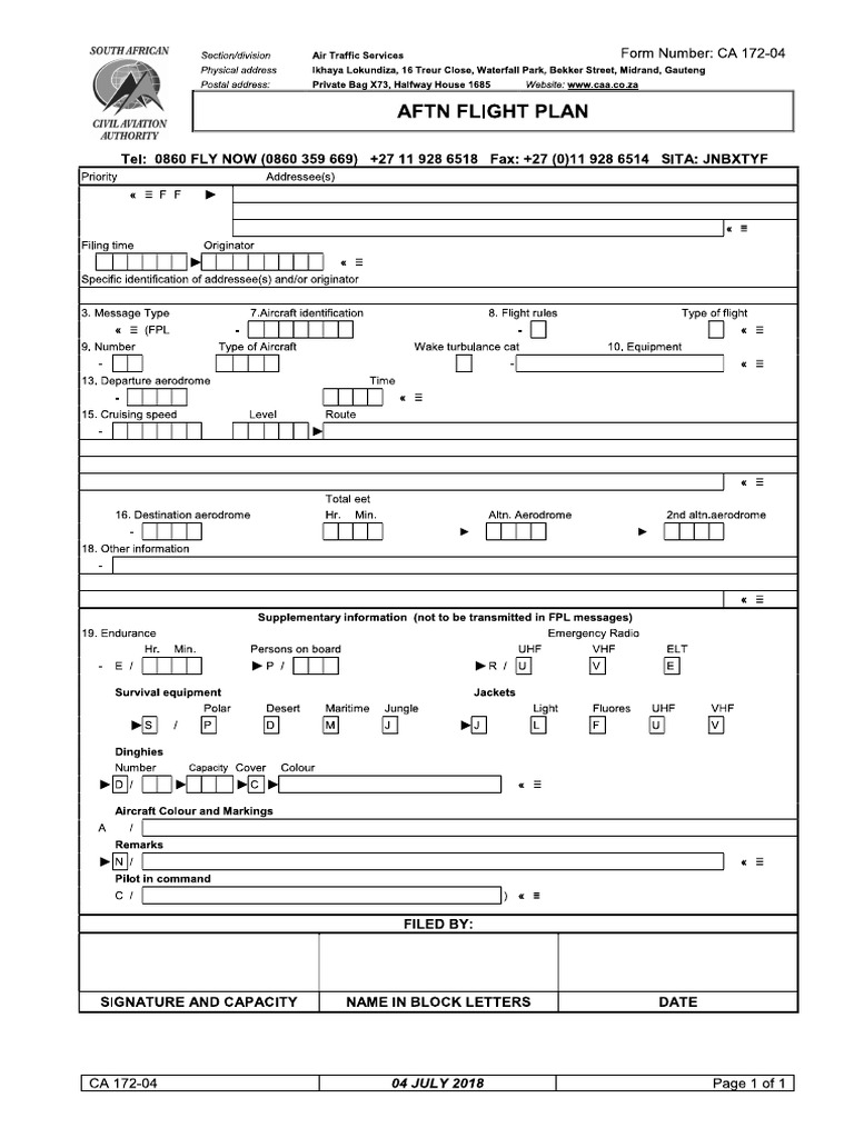 Flight Plan Form SACAA CA172-04 | PDF