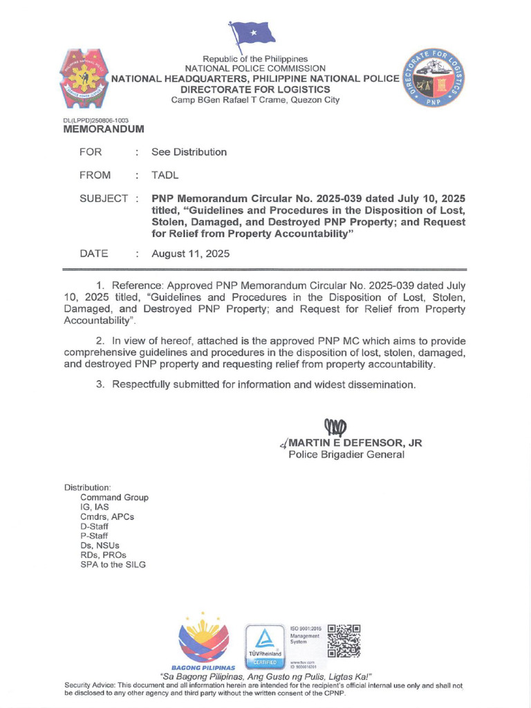 PNP MC No. 2025-039... Request For Relief From Property Accountability Dated August 11, 2025 | PDF