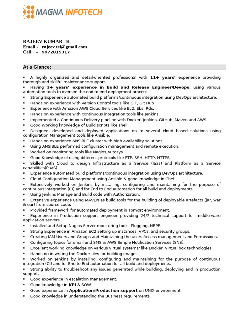 Rajeev Kumar K - Devops Engineer - Bangalore - Magna Infotech | PDF ...