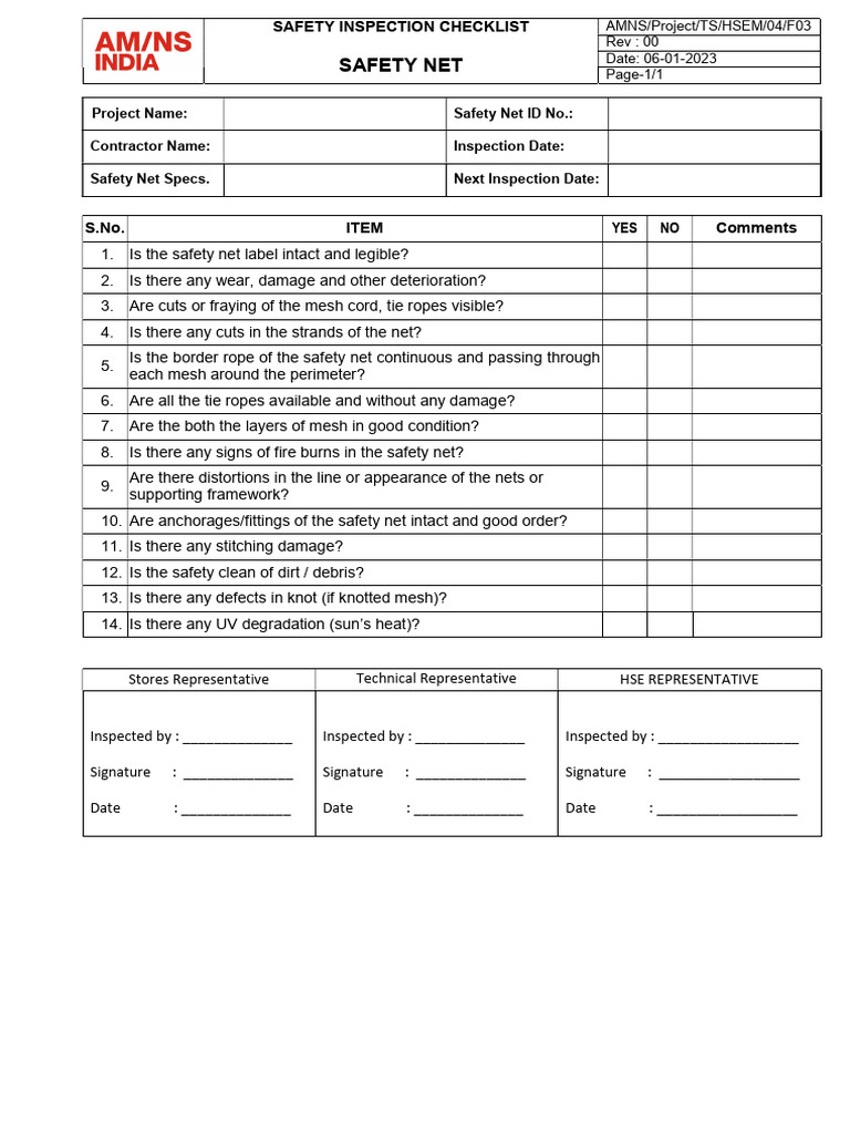 AMNS Project TS HSEM 04 F03 Safety Net Inspection Checklist | PDF