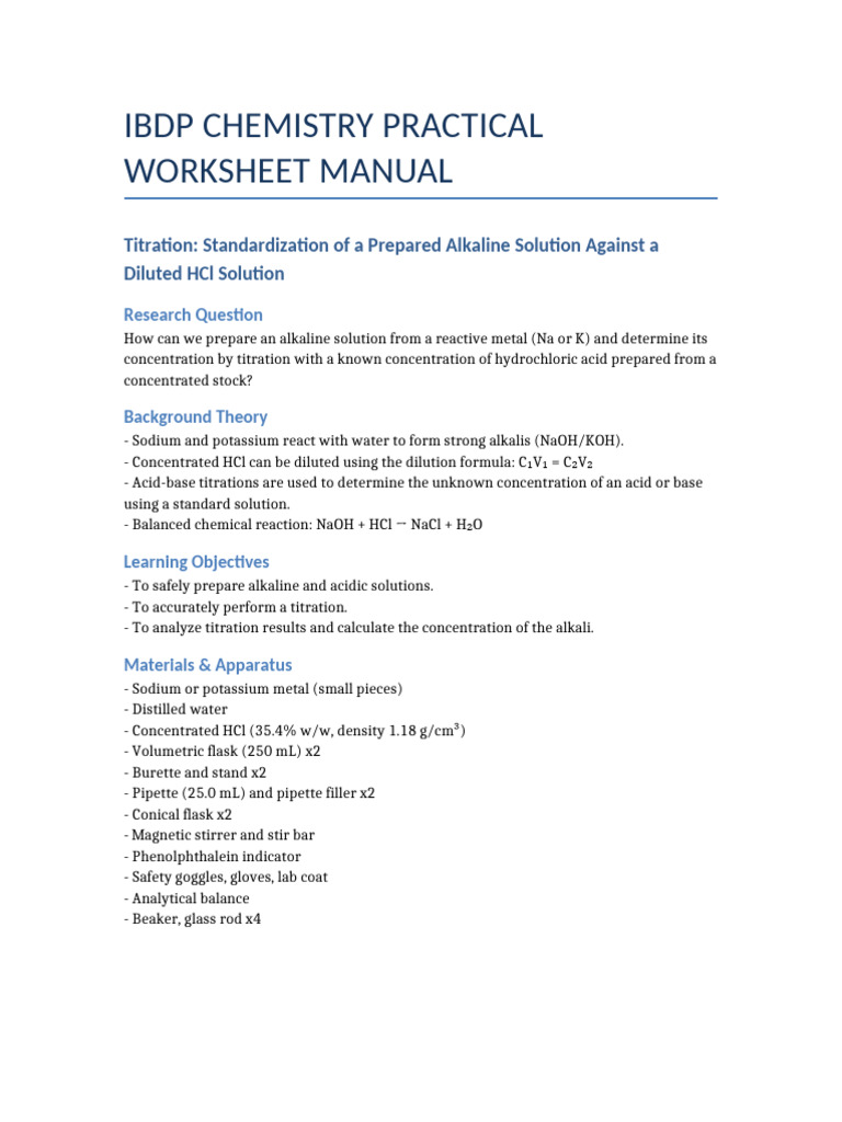 IB Titration Practical Worksheet | PDF | Titration | Chemistry