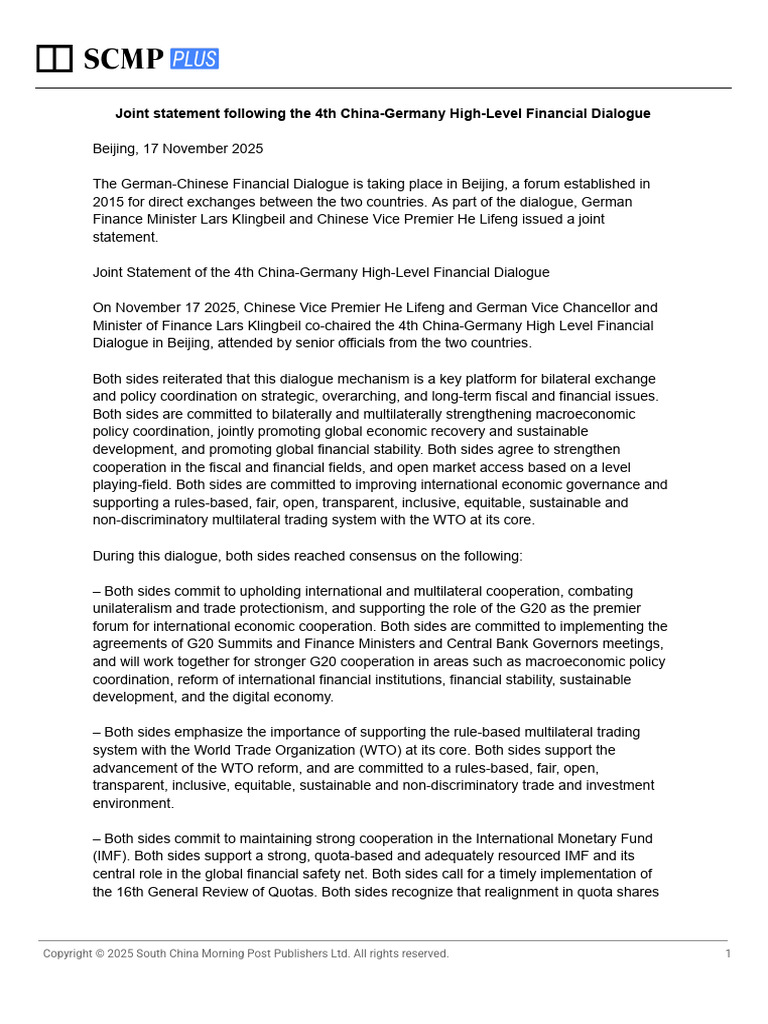 Joint Statement Following The 4th China-Germany High-Level Financial ...