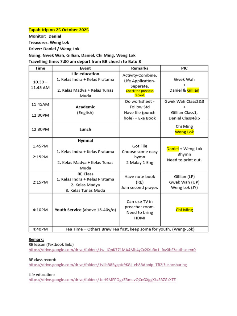 Tapah Trip Itinerary for October 2025 | PDF