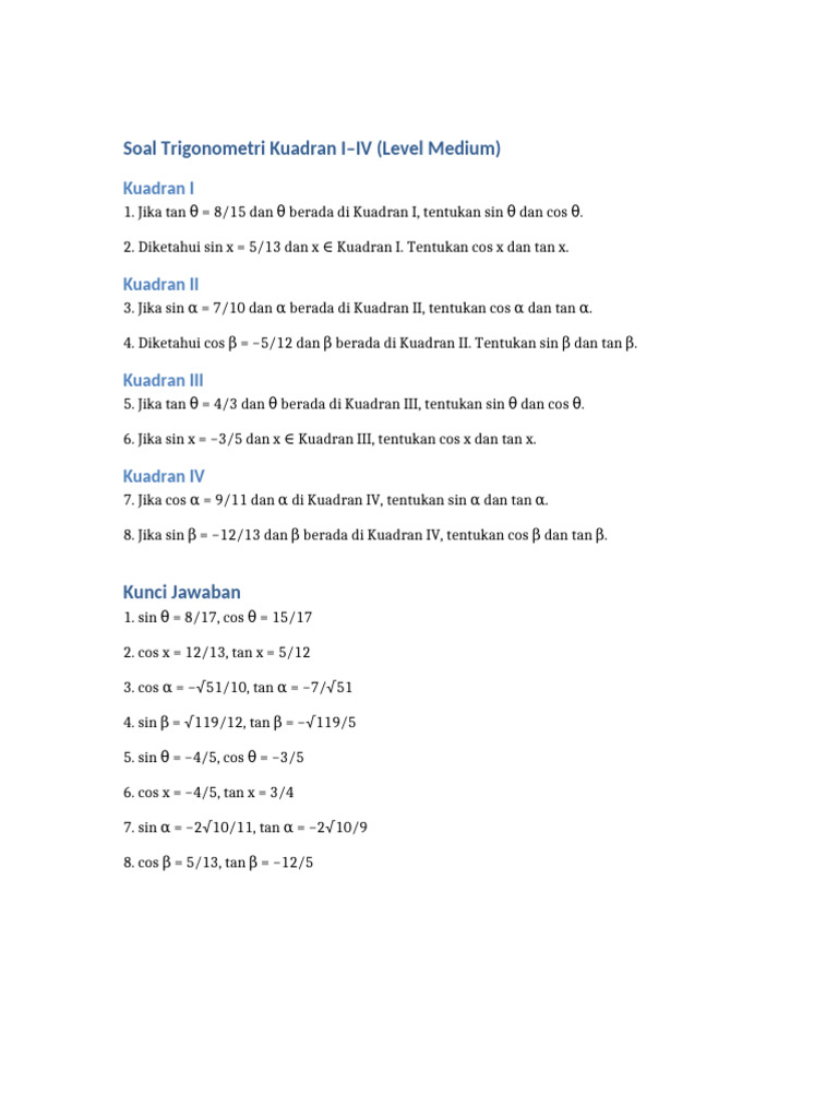 Soal Trigonometri Kuadran I-IV | PDF