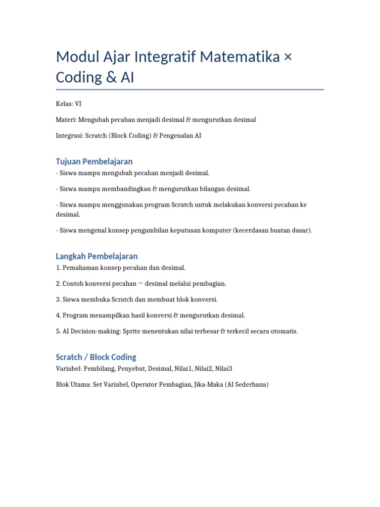 Ajar Matematika dan Coding Kelas VI | PDF