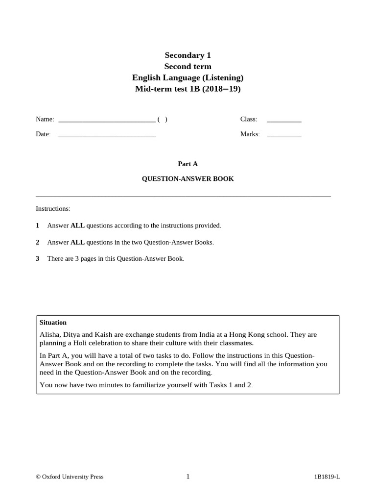Oe2e Mid Term 1B2018 19 Listening | PDF