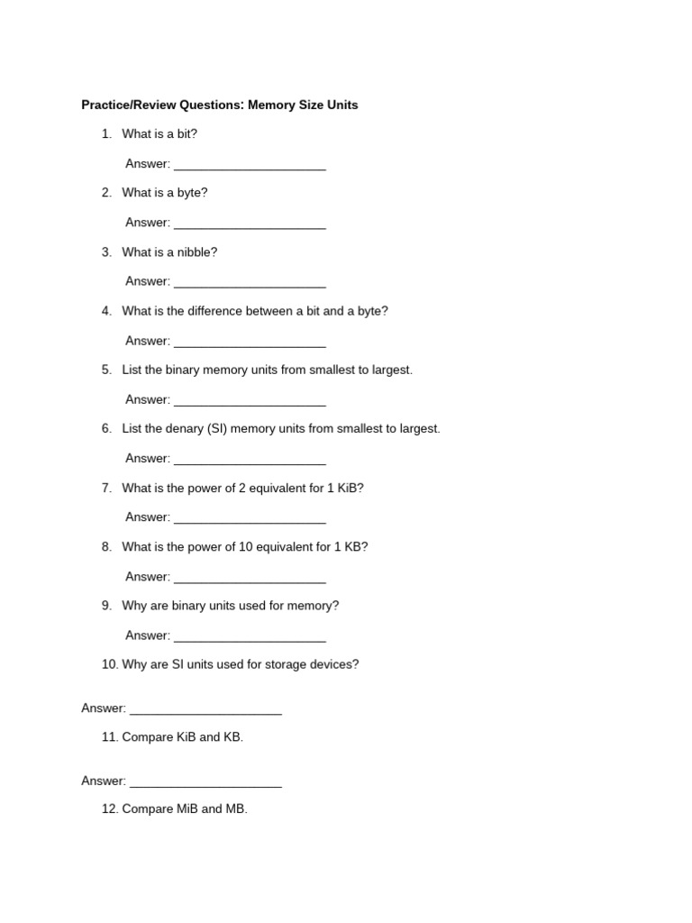 Questions - Memory Size Units | PDF