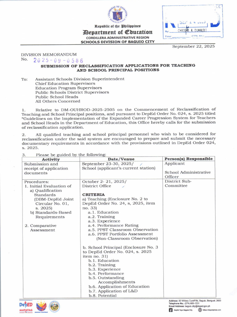DM NO. 586 S. 2025 Submission of Reclassification Applications For ...