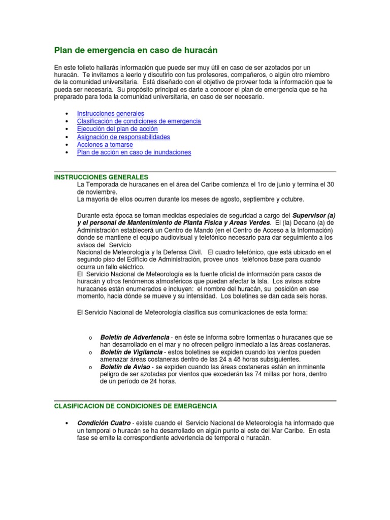 Plan de Emergencia en Caso de Huracán | PDF | Ciclones tropicales | Administración Nacional ...
