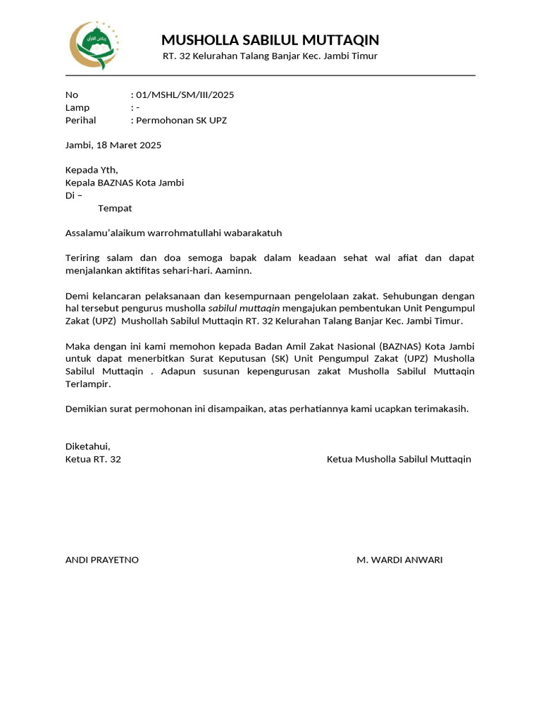 Permohonan SK UPZ Musholla Sabilul Muttaqin | PDF
