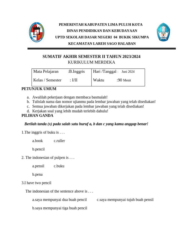Soal Bahasa Inggris Semester 2 | PDF