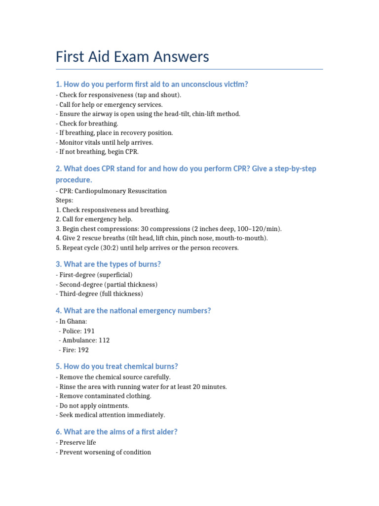 First Aid Exam Answers | PDF | First Aid | Cardiopulmonary Resuscitation
