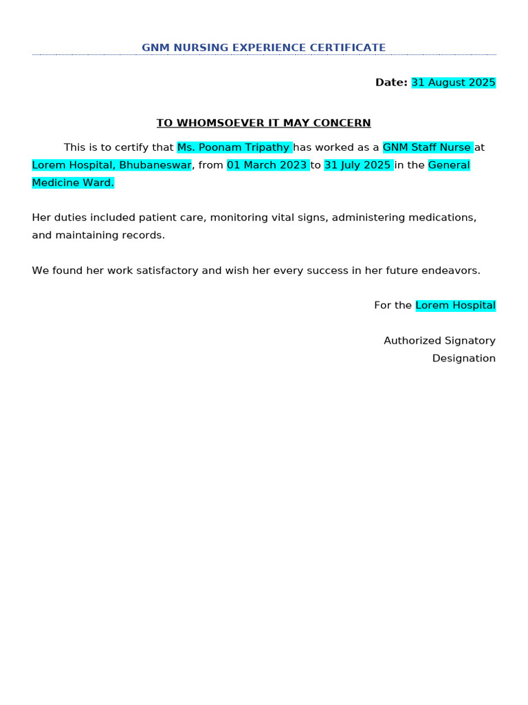 GNM Nursing Experience Certificate | PDF