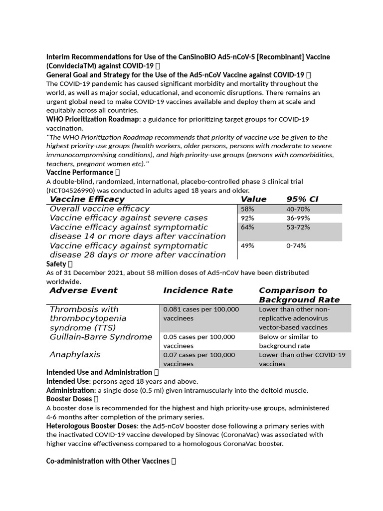 Interim Recommendations For Use of The CanSinoBIO Ad5 | PDF | Vaccines ...