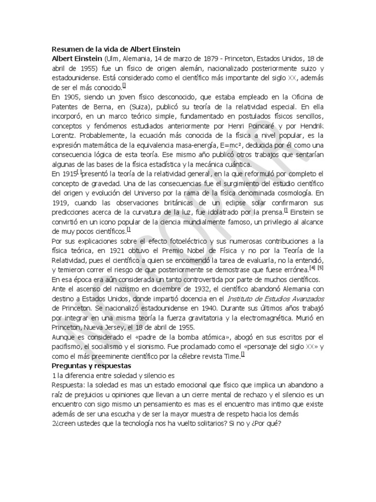 Resumen de La Vida de Albert Einstein | PDF | Albert Einstein | Relatividad general