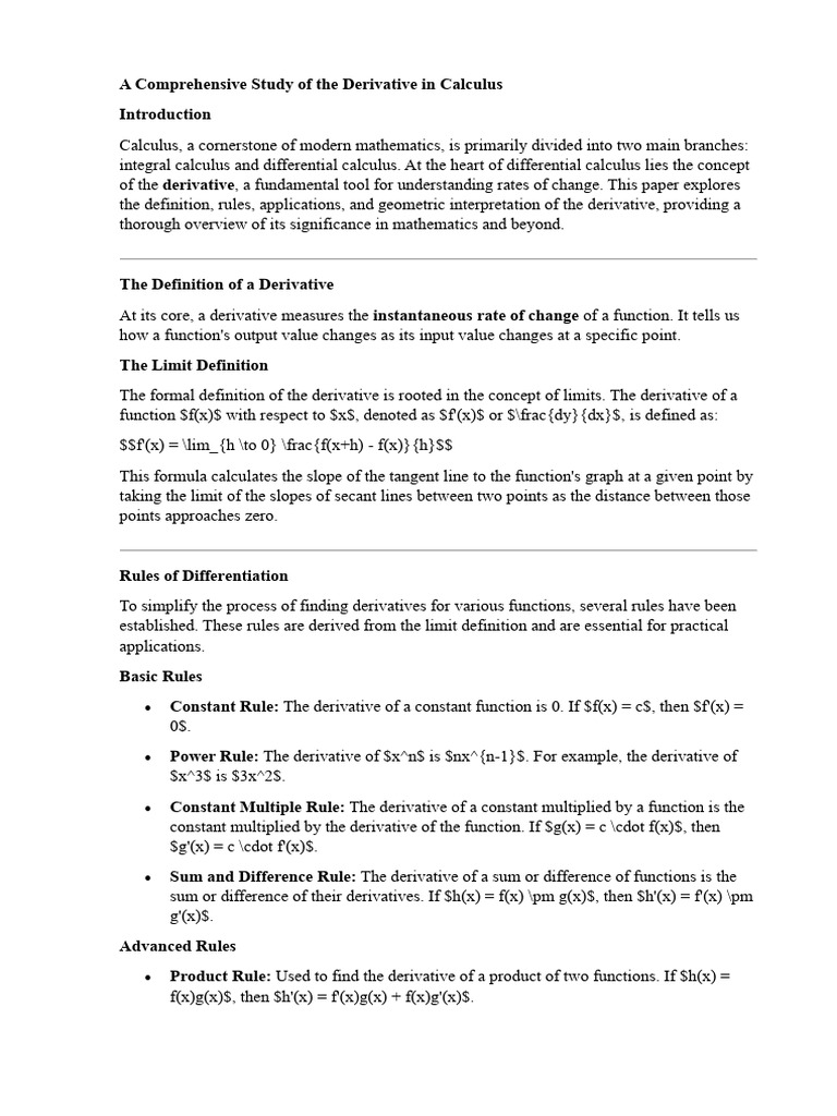 A Comprehensive Study of The Derivative in Calculus | PDF | Derivative ...