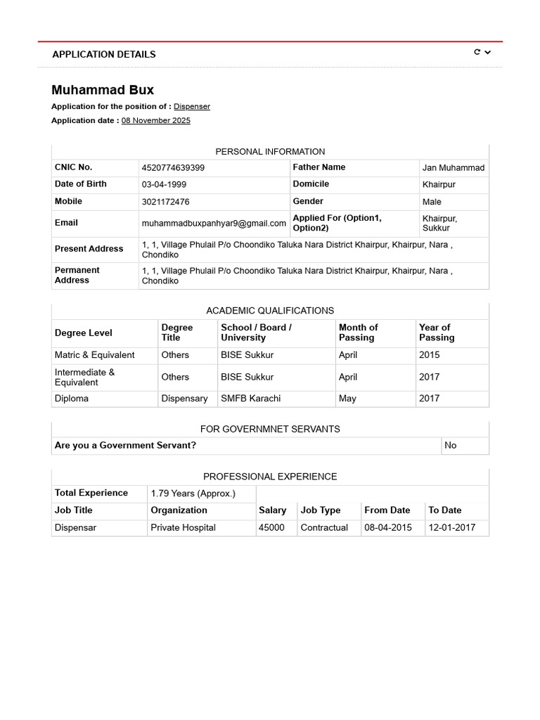 Dispenser Job Application by Muhammad Bux | PDF