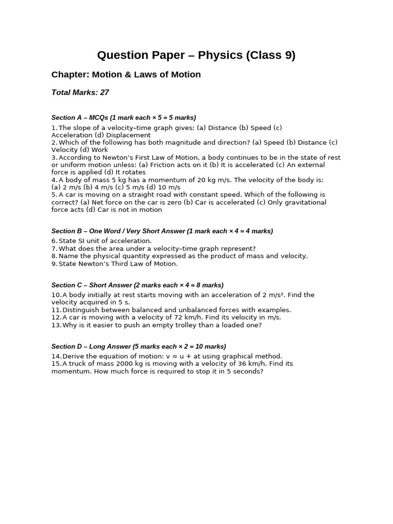 Class9 Physics Motion LawsOfMotion 27marks | PDF
