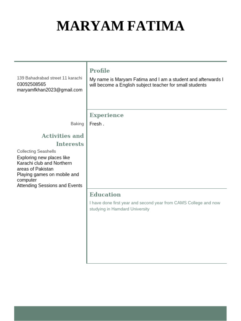 Maryam Fatima: Aspiring English Teacher | PDF