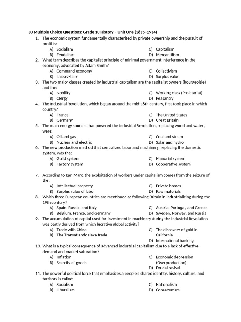 Grade 10 History MCQs: 1815-1914 | PDF | Capitalism | German Empire