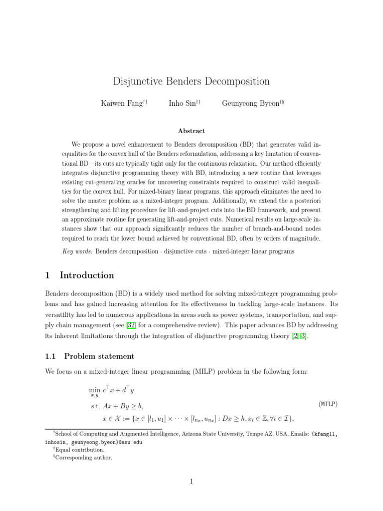 Disjunctive Benders Decomposition: Kaiwen Fang Inho Sin Geunyeong Byeon ...