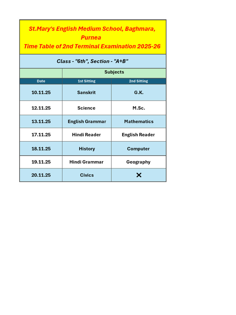 6th Grade Exam Timetable 2025-26 | PDF