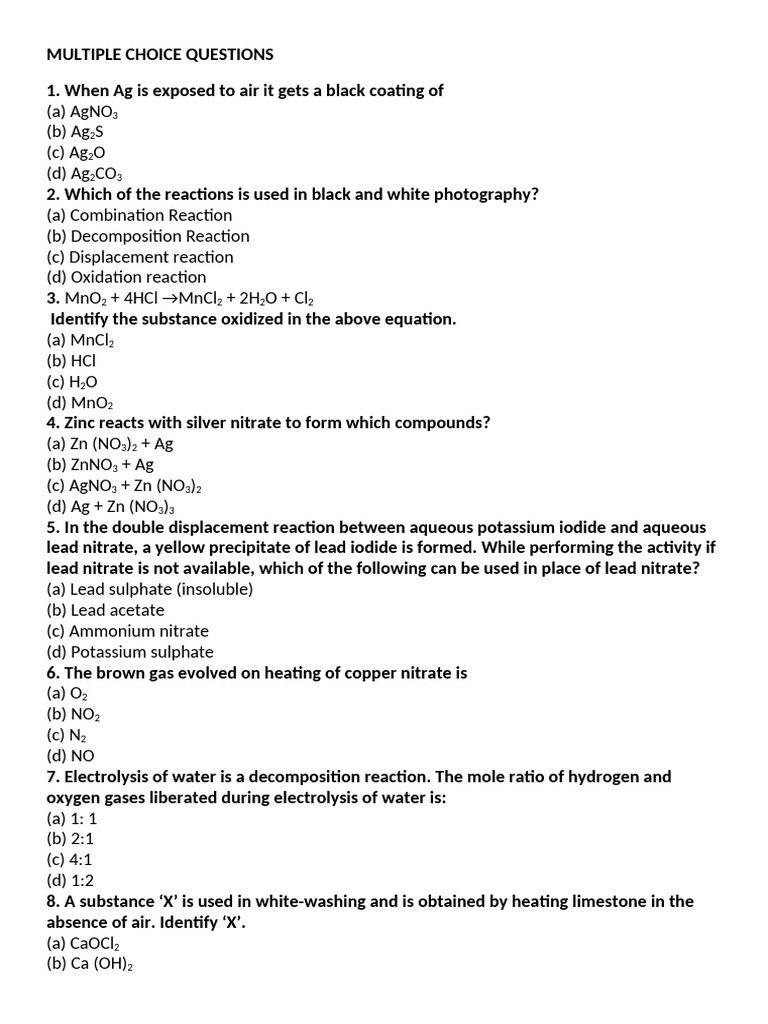 Chemistry Multiple Choice Questions | PDF | Chemical Reactions | Oxide
