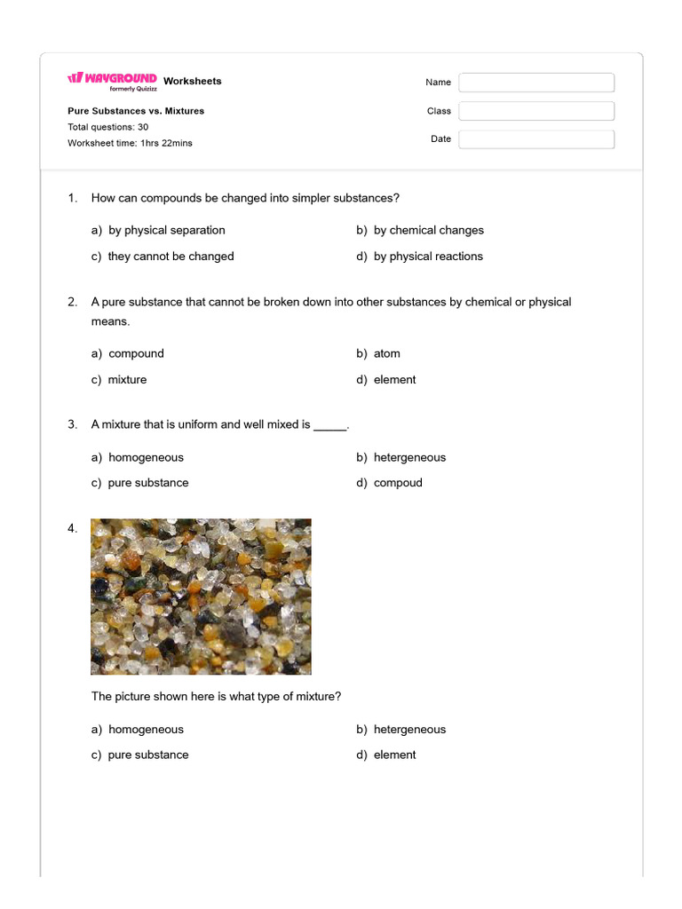 Pure Substances vs. Mixtures - With Ans Key | PDF | Mixture | Chemical ...