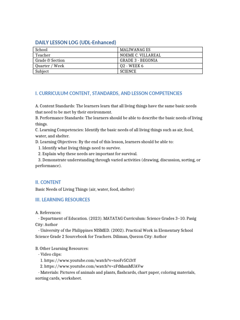 UDL LessonPlan Grade3Science MALIWANAG ES | PDF | Learning | Human Communication